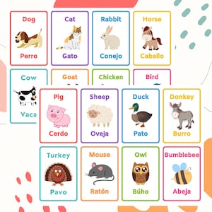 Farm Animals Bilingual Flashcards-spanish and English Printable-study ...