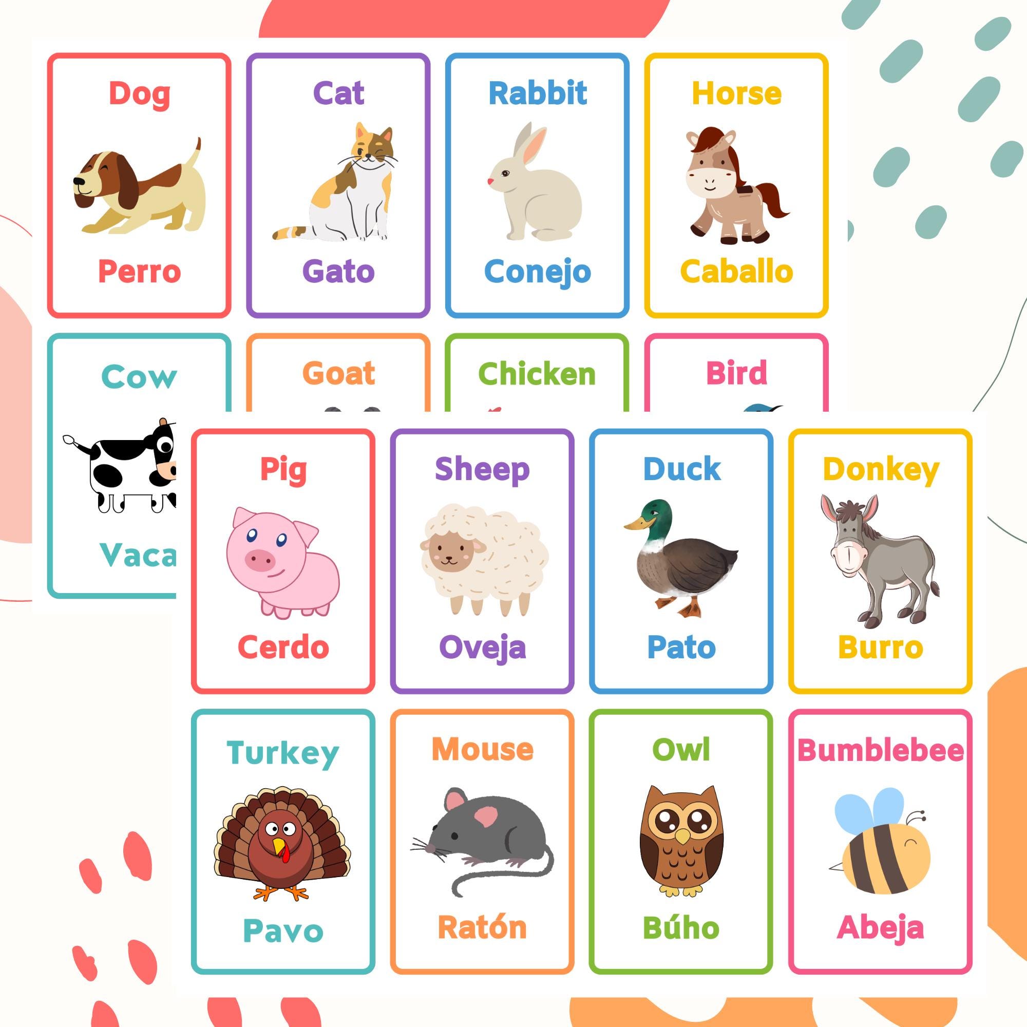 Farm Animals Bilingual Flashcards-spanish and English Printable-study ...