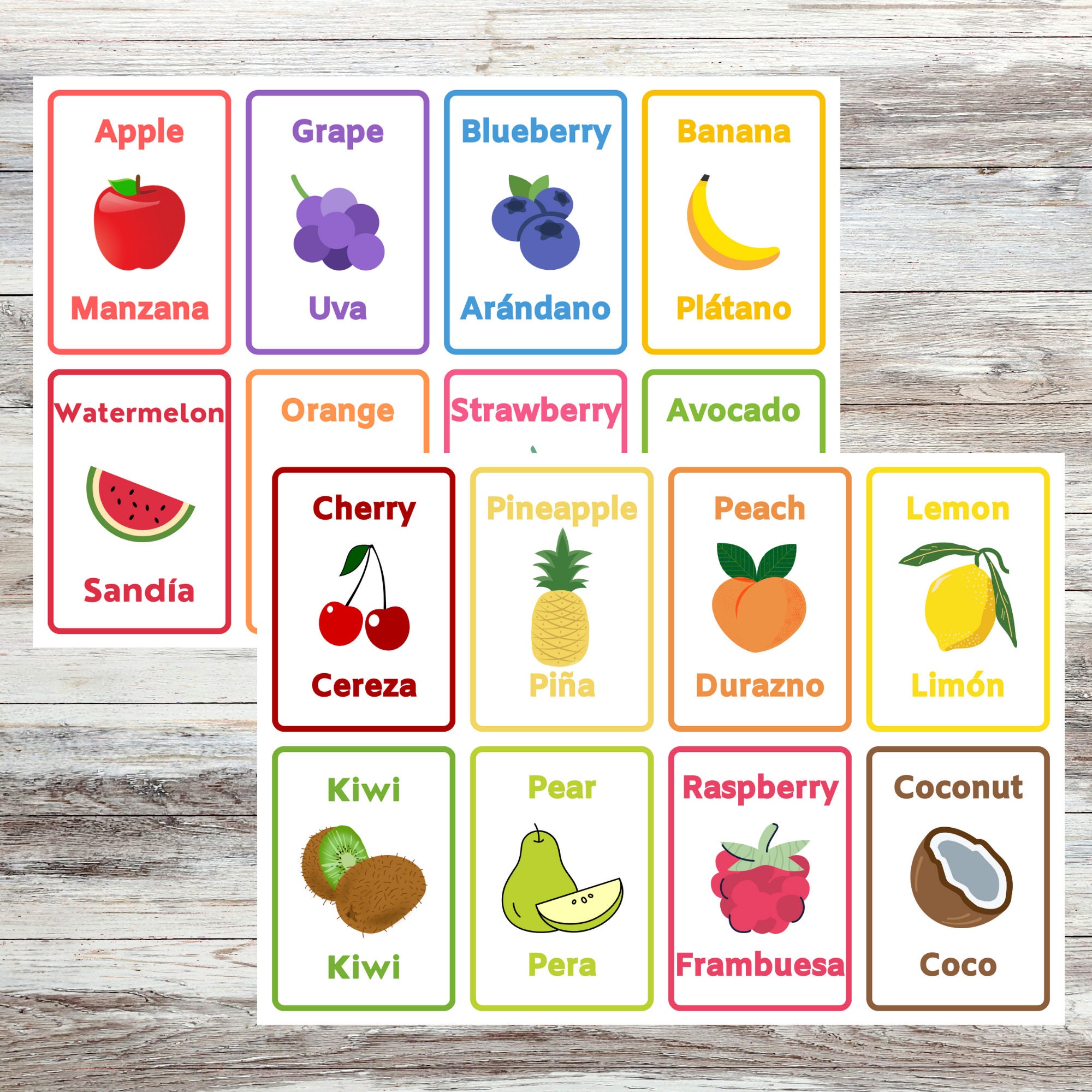 Bilingual Fruits Flashcards-spanish and English Printable-study Tools ...