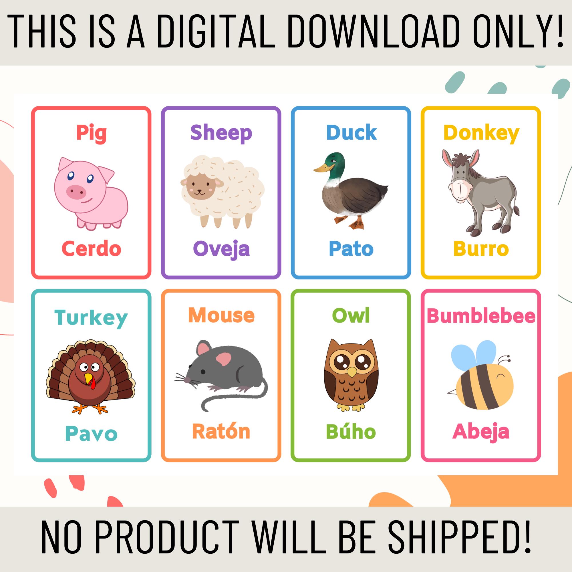 Farm Animals Bilingual Flashcards-spanish and English Printable-study ...
