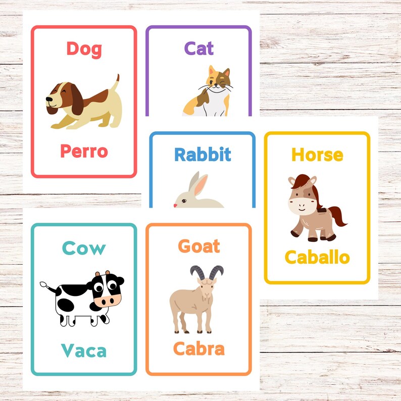 Farm Animals Bilingual Flashcards-spanish and English Printable-study ...