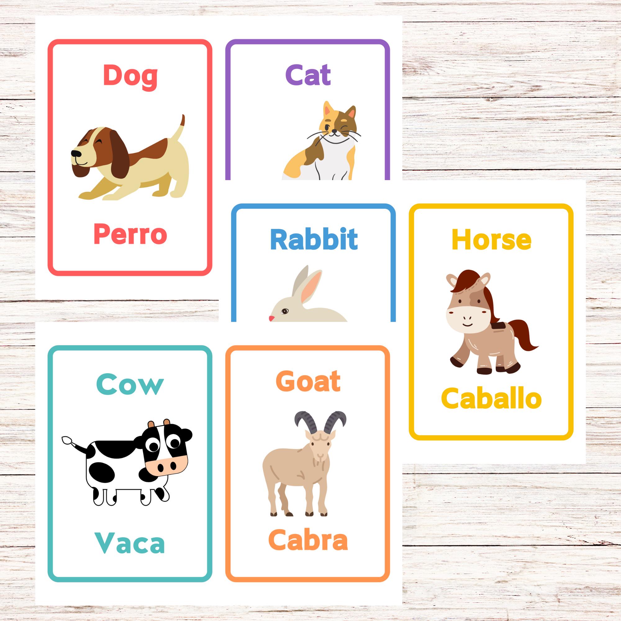 Farm Animals Bilingual Flashcards-spanish and English Printable-study ...