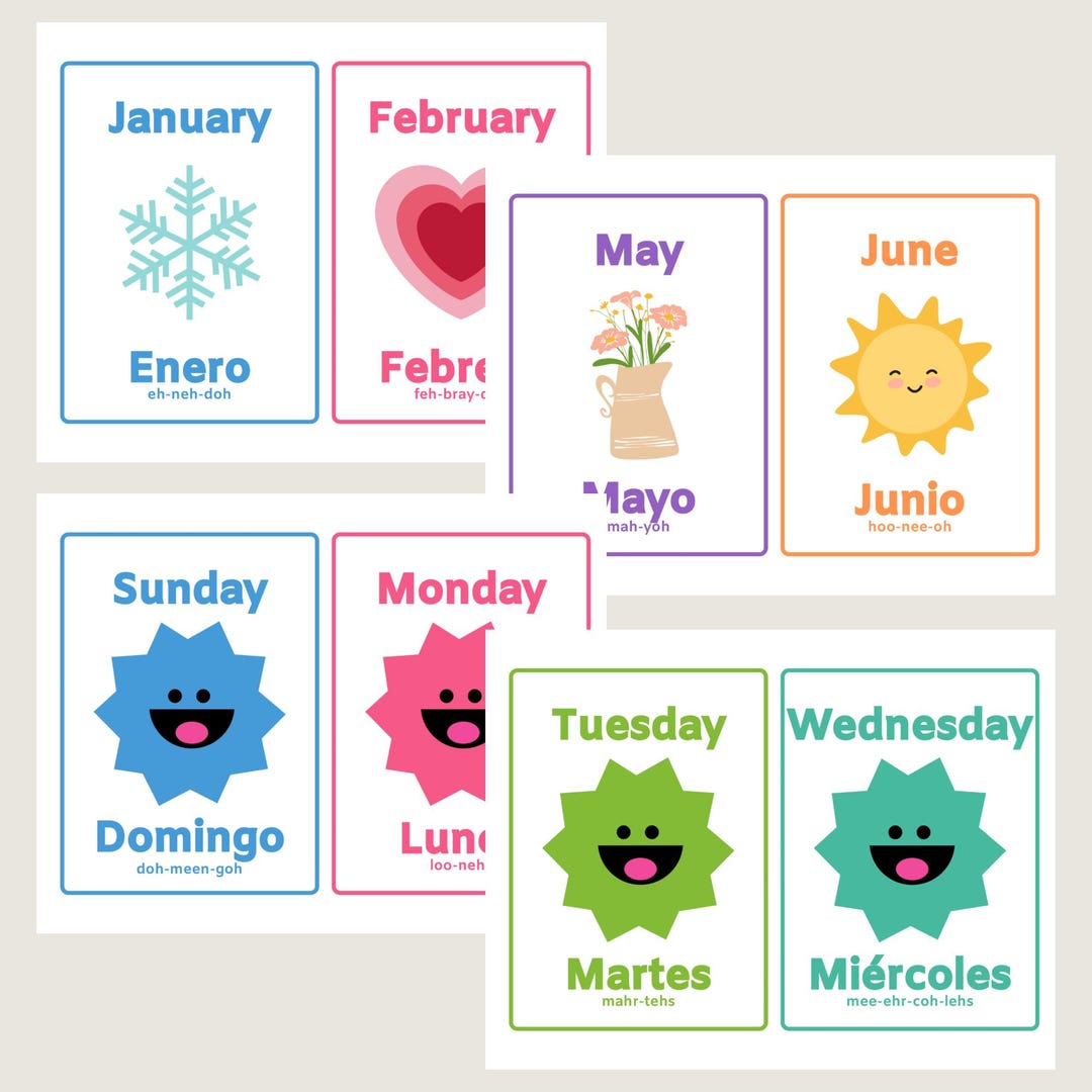 Bilingual Flashcards-days of the Week and Months of the Year-spanish ...