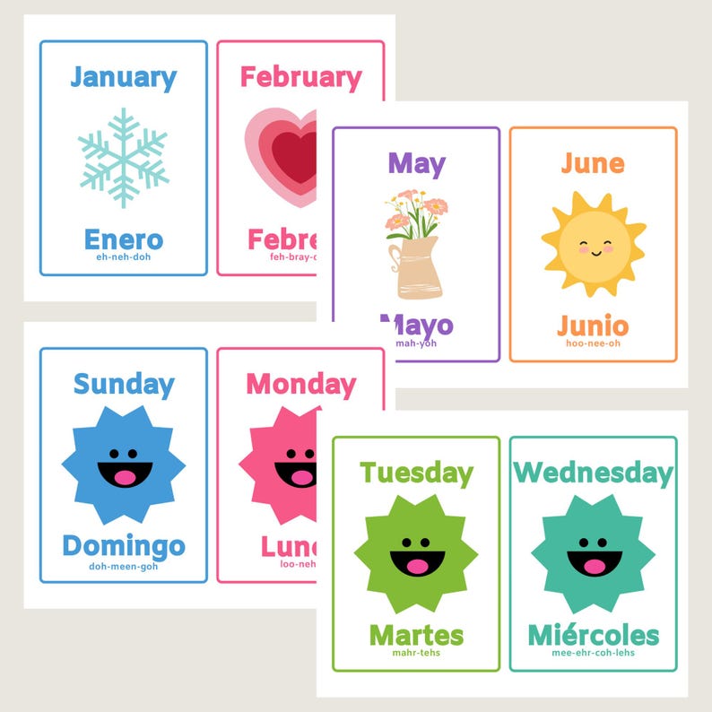 Bilingual Flashcards-days of the Week and Months of the Year-spanish ...