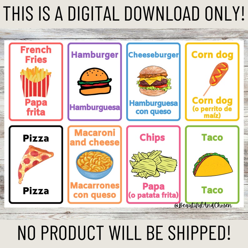 Bilingual Common Food Flashcards-spanish and English Printable-study ...
