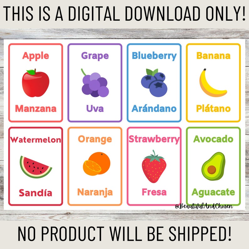 Bilingual Fruits Flashcards-spanish and English Printable-study Tools ...
