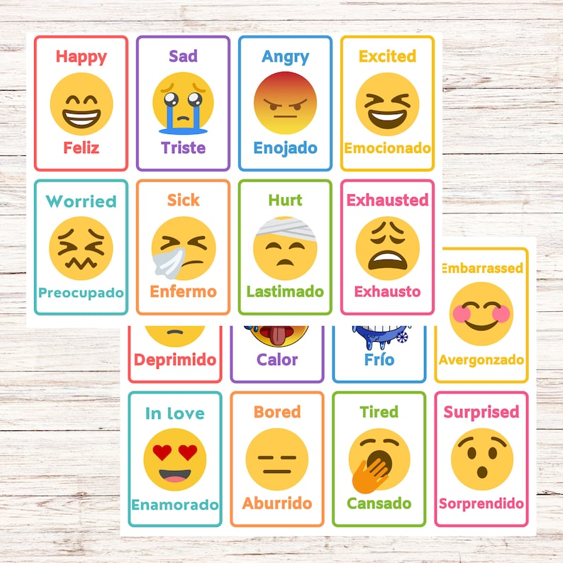 Emotions Bilingual Flashcards-spanish and English Printable-study Tools ...