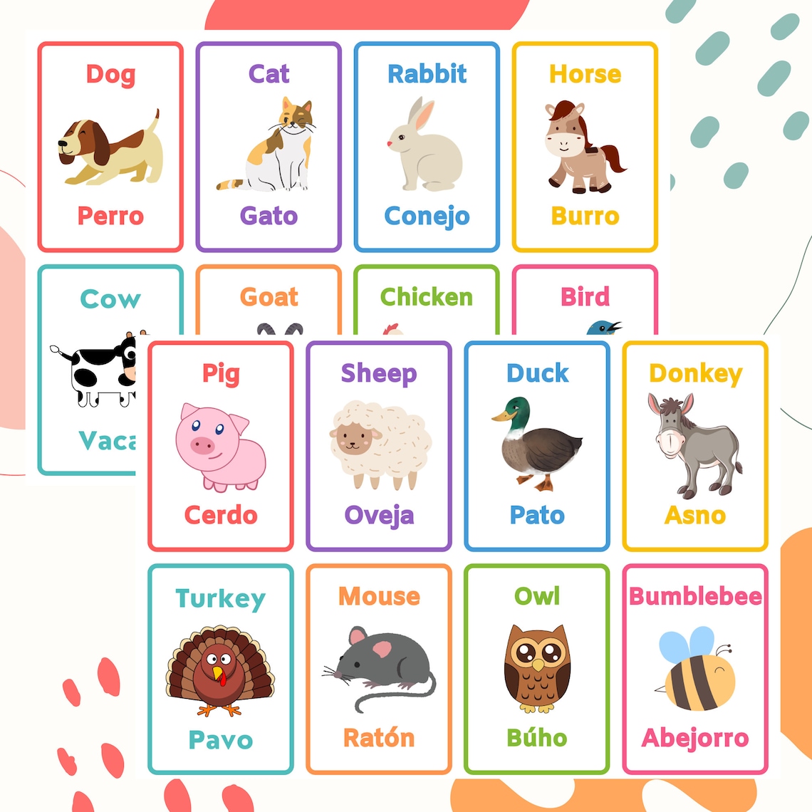 Farm Animals Bilingual Flashcards-spanish and English Printable-study ...
