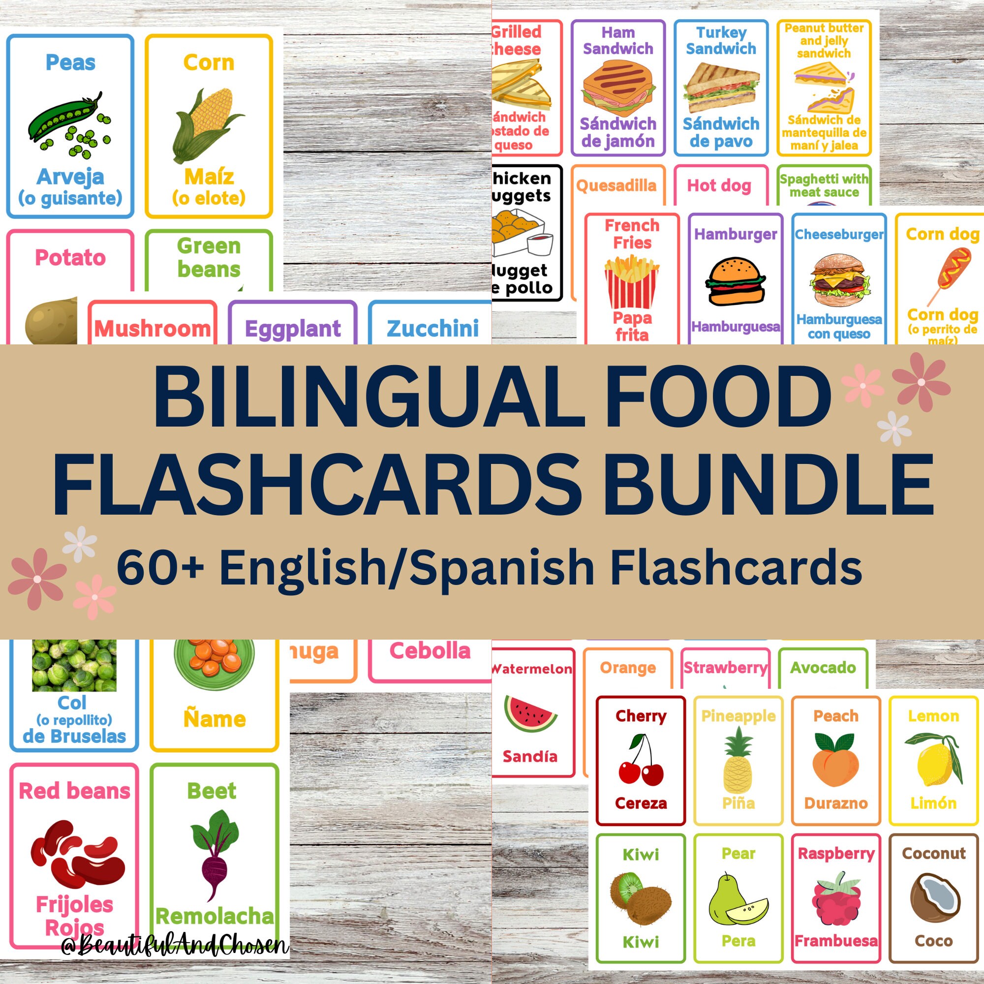 60+ Bilingual Food Flashcards Bundle-spanish and English Printable ...