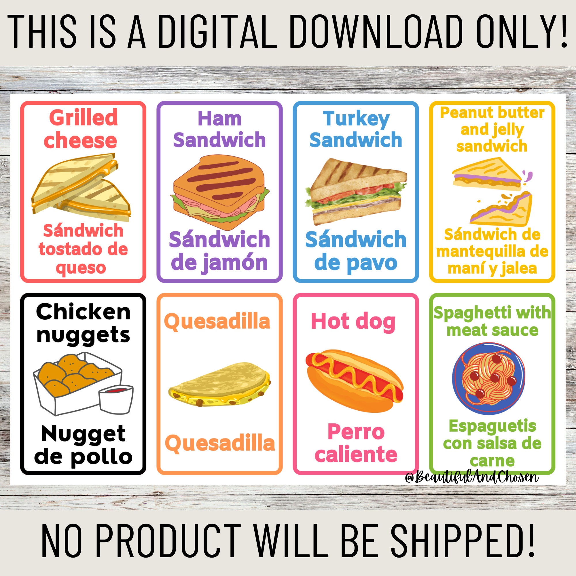 Bilingual Common Food Flashcards-spanish and English Printable-study ...