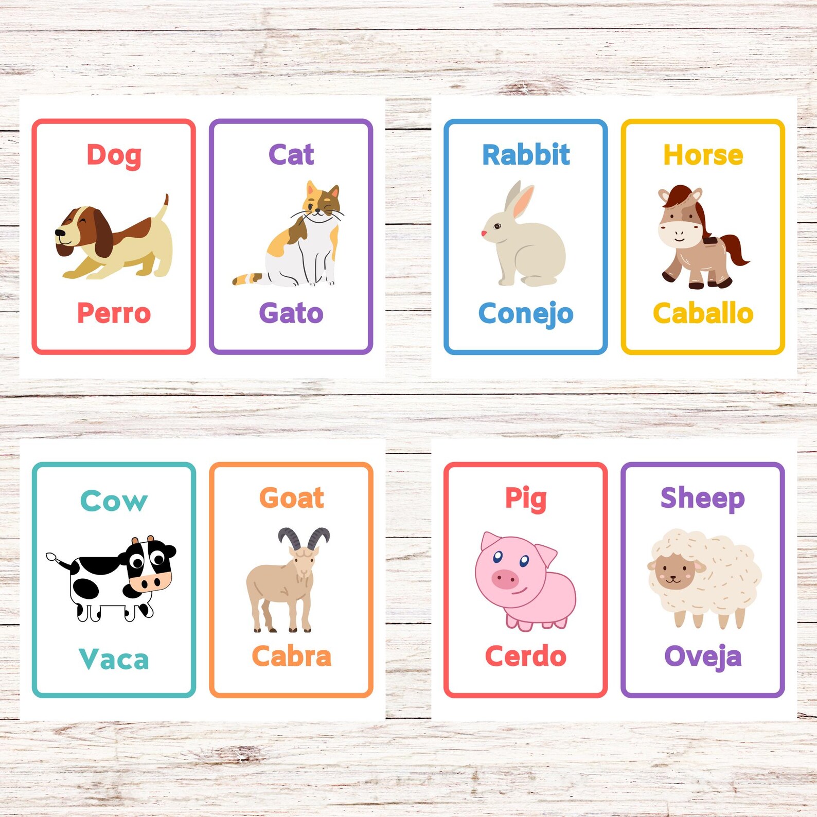Farm Animals Bilingual Flashcards-spanish and English Printable-study ...