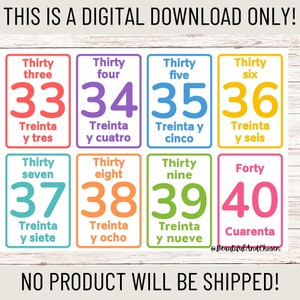 Numbers Bilingual Flashcards 1-40-spanish and English Printable-study ...