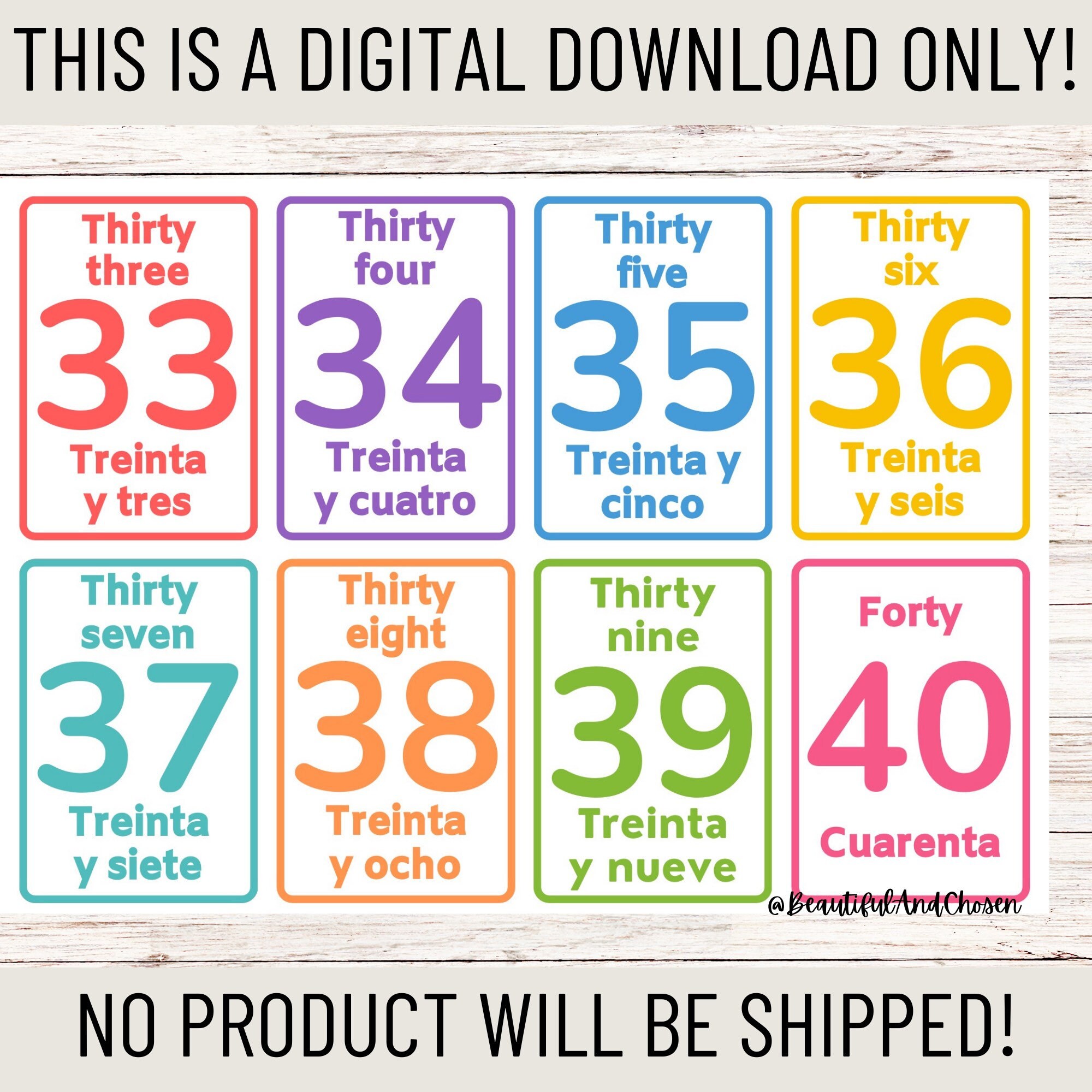 Numbers Bilingual Flashcards 1-40-spanish and English Printable-study ...