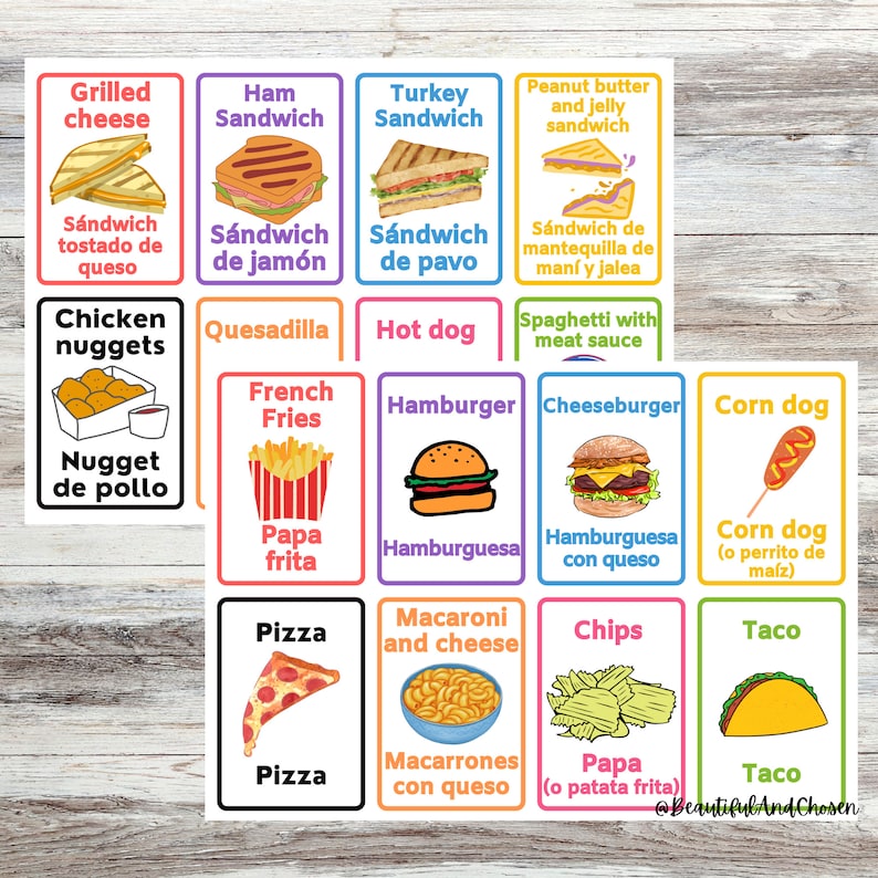 Bilingual Common Food Flashcards-spanish and English Printable-study ...
