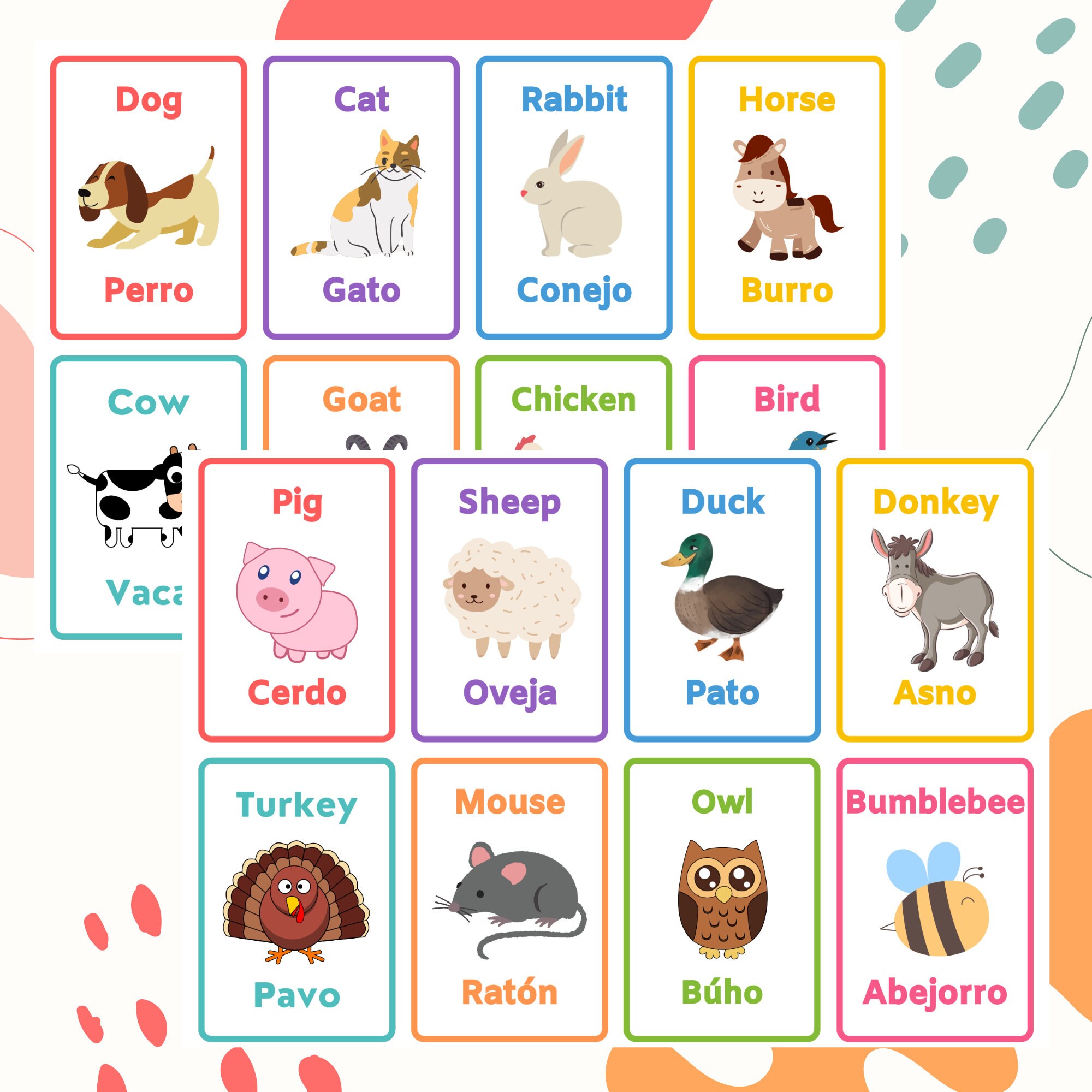 Farm Animals Bilingual Flashcards-spanish and English Printable-study ...