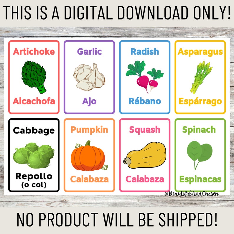 Bilingual Vegetable Flashcards-spanish and English Printable - Etsy