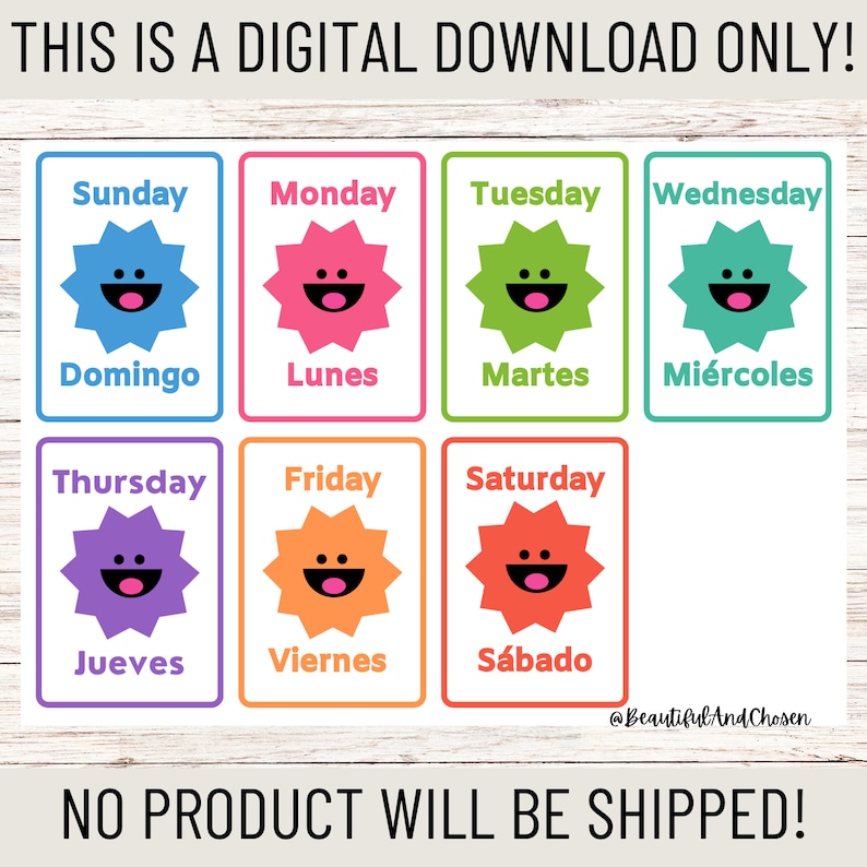 Bilingual Flashcards: Days, Months - Spanish & English (printable) - Etsy