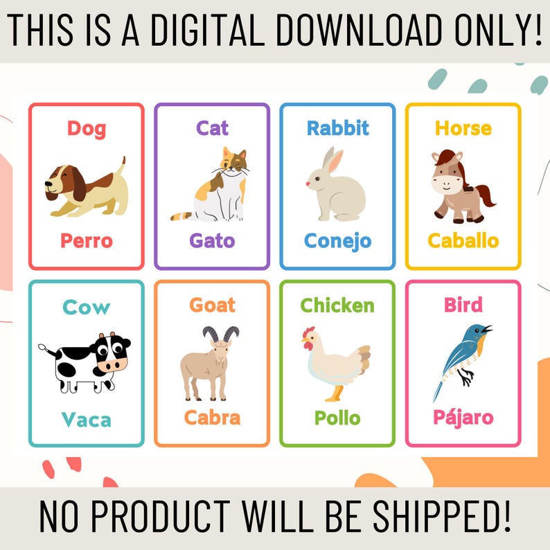 Farm Animals Bilingual Flashcards-spanish and English Printable-study ...