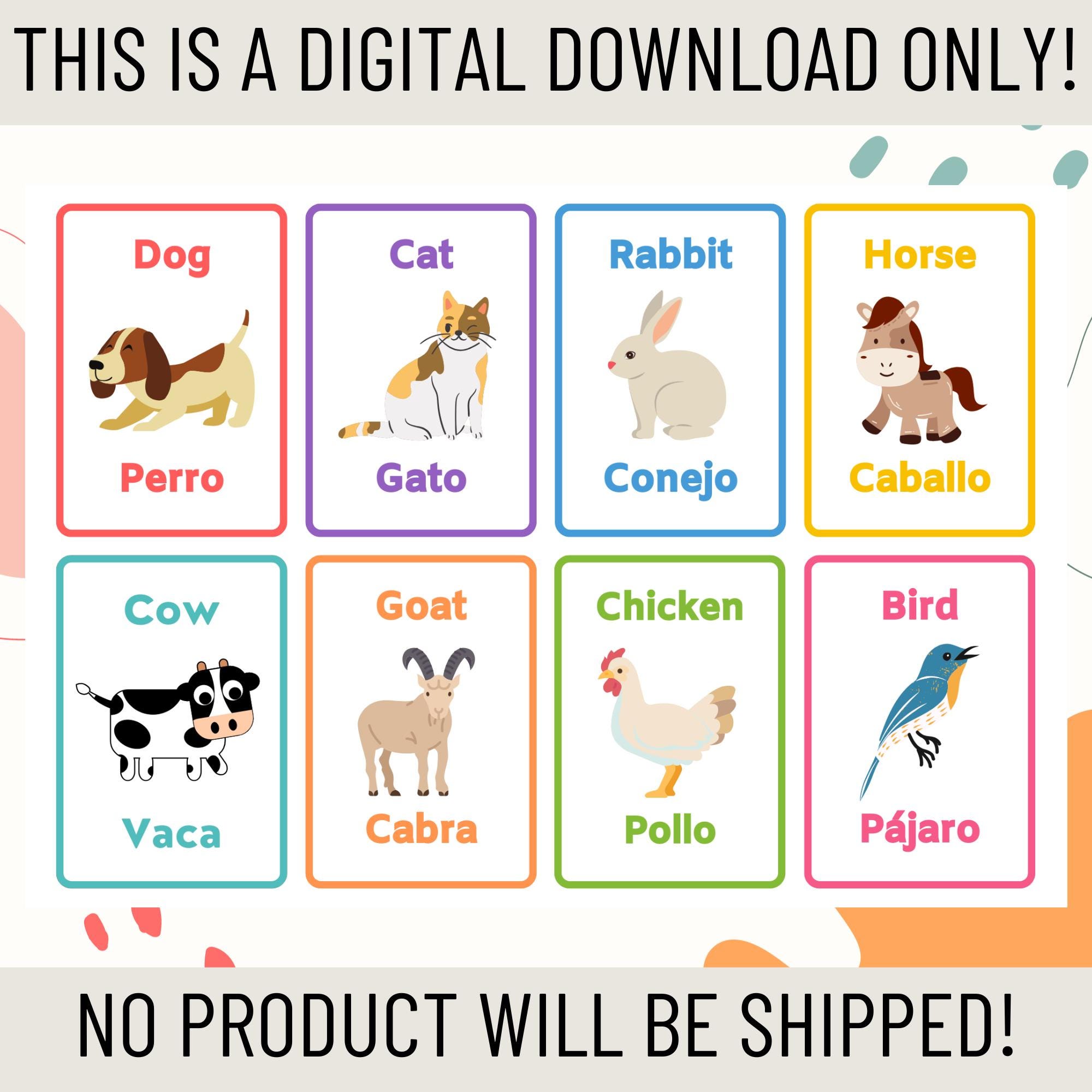 Farm Animals Bilingual Flashcards-spanish and English Printable-study ...