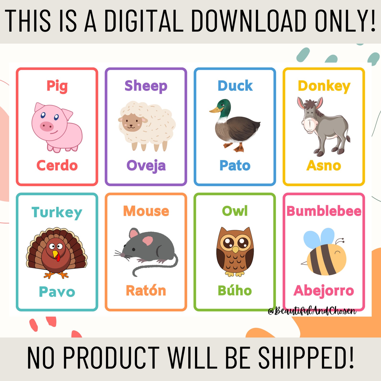 Farm Animals Bilingual Flashcards-spanish and English Printable-study ...
