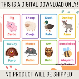Farm Animals Bilingual Flashcards-spanish and English Printable-study ...