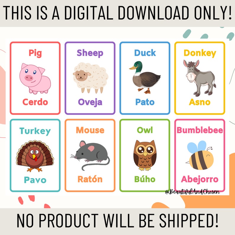 Farm Animals Bilingual Flashcards-spanish and English Printable-study ...
