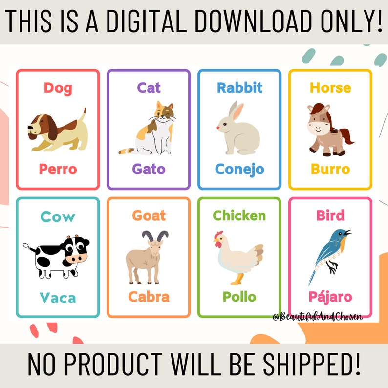 Farm Animals Bilingual Flashcards-spanish and English Printable-study ...