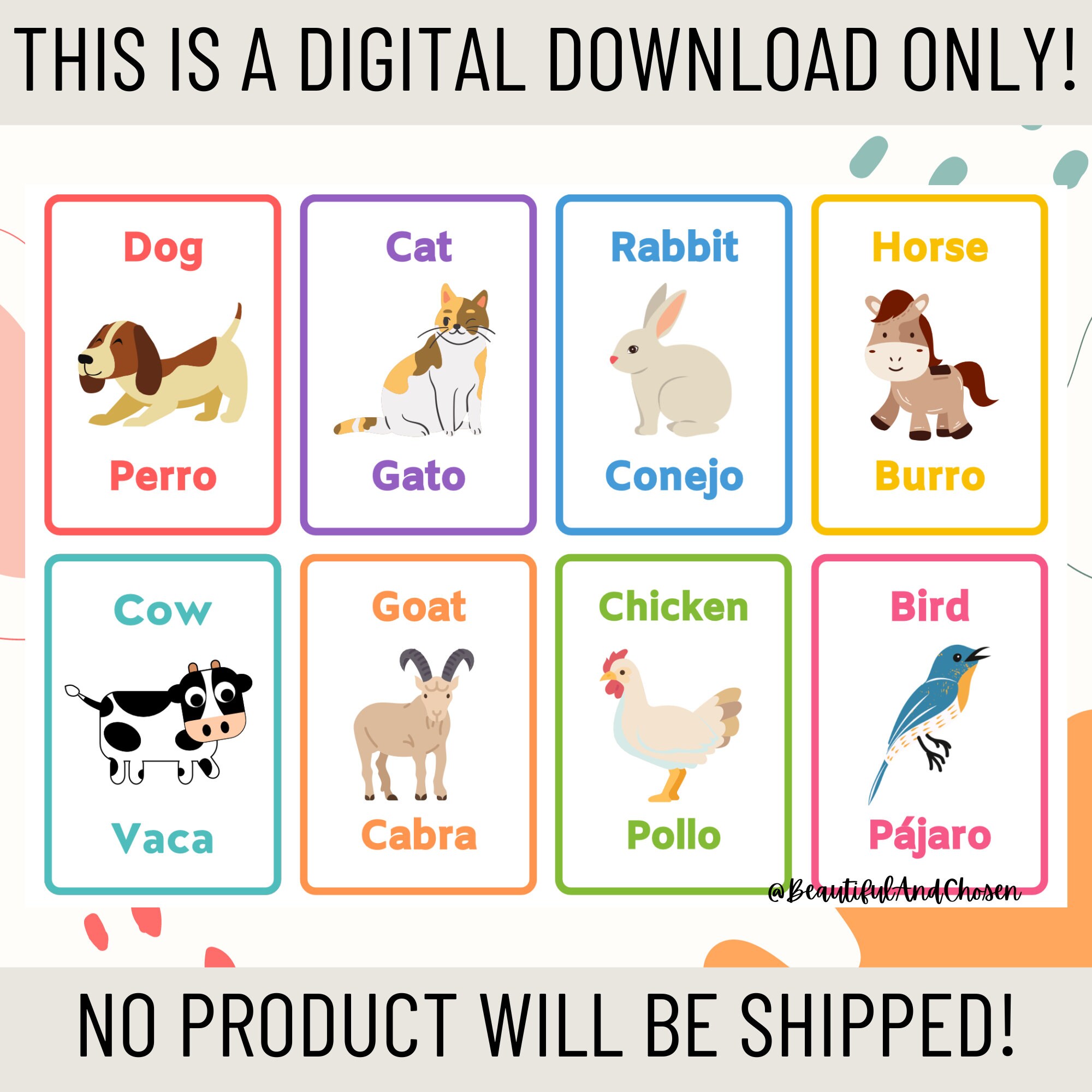Farm Animals Bilingual Flashcards-spanish and English Printable-study ...