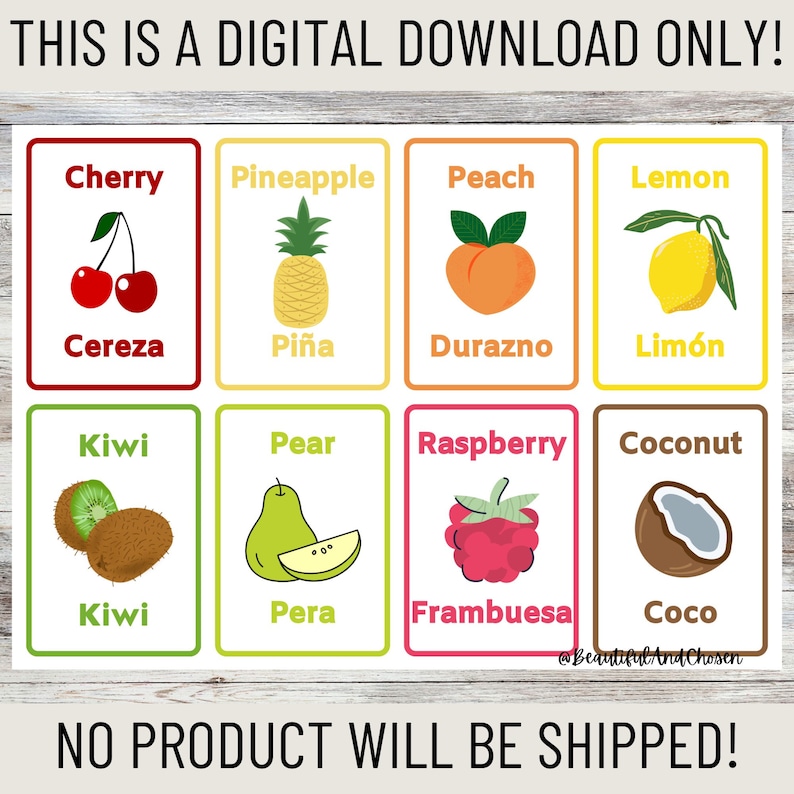 Bilingual Fruits Flashcards-spanish and English Printable-study Tools ...