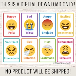 Emotions Flashcards, Spanish and English, Early Learning (PNG&PDF) - Etsy