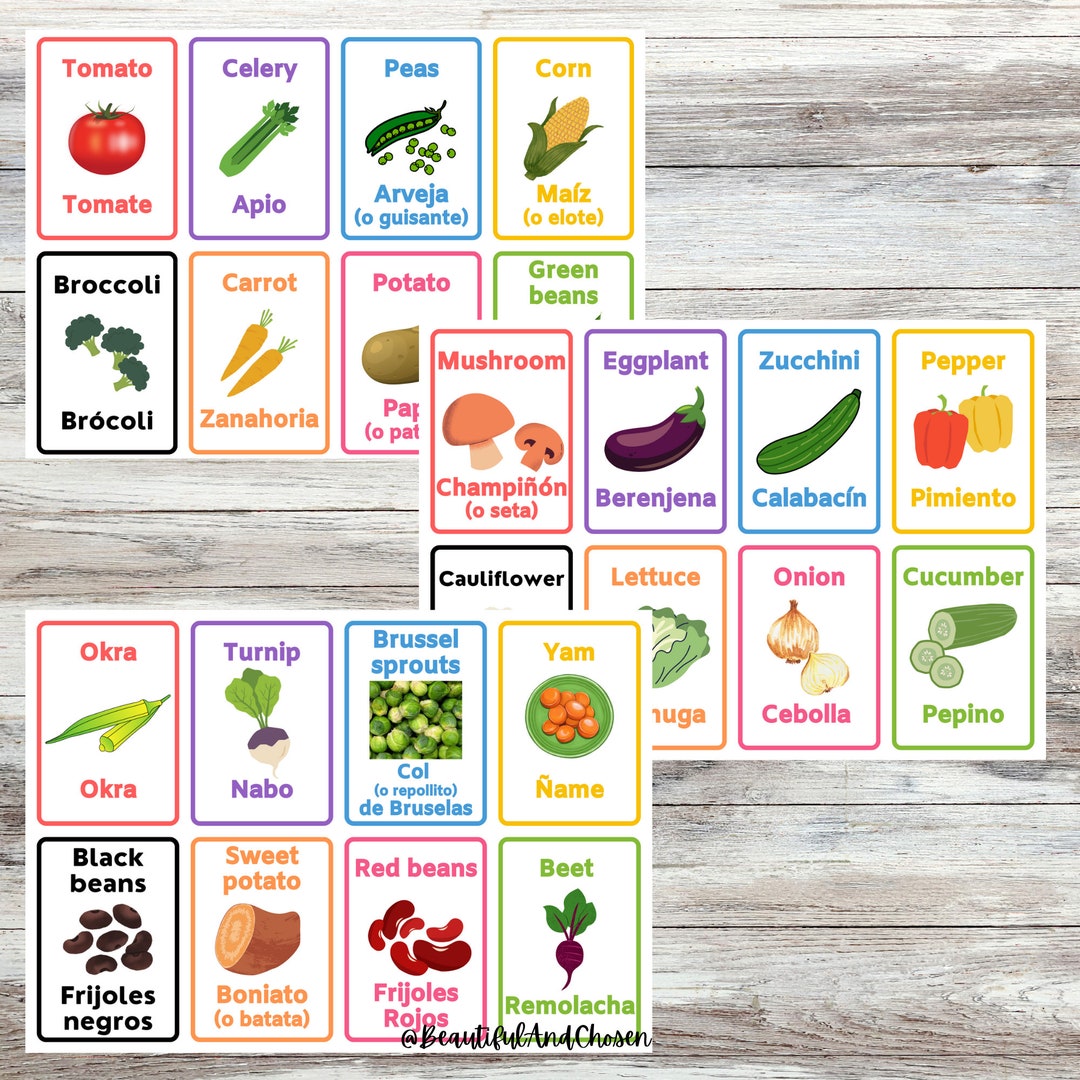 Bilingual Vegetable Flashcards-spanish and English Printable - Etsy