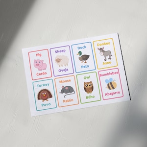 Farm Animals Bilingual Flashcards-spanish and English Printable-study ...