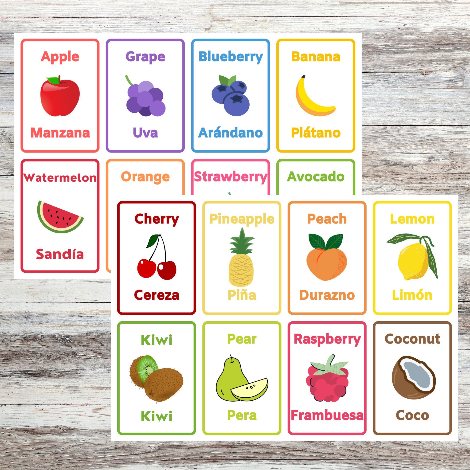 Bilingual Fruits Flashcards-spanish and English Printable-study Tools ...