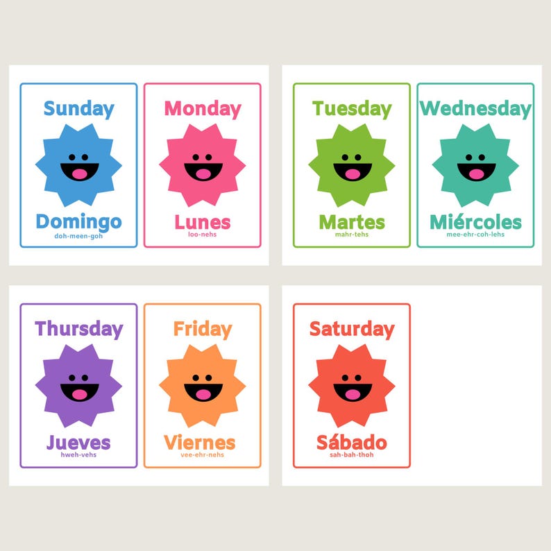 Bilingual Flashcards-days of the Week and Months of the Year-spanish ...