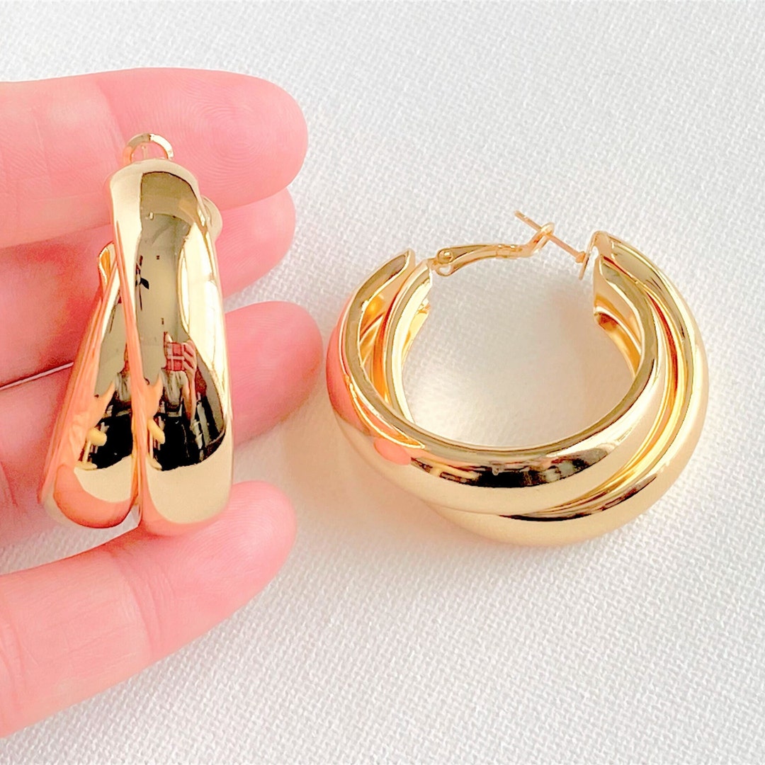 Chunky Double Hoop Earrings Gold Thick Two Hoop Earrings European Style ...