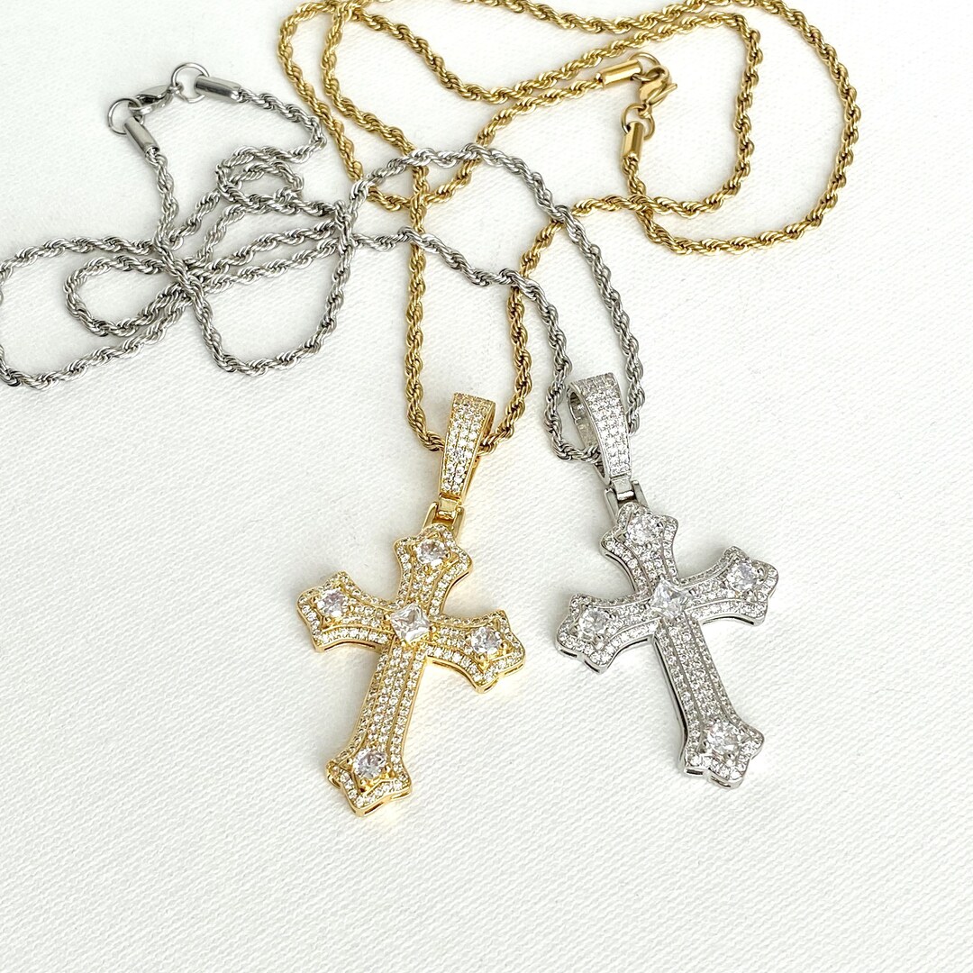 Luxury Gold Big Cross Pendant Chunky Silver Mens Length Cross Necklace ...