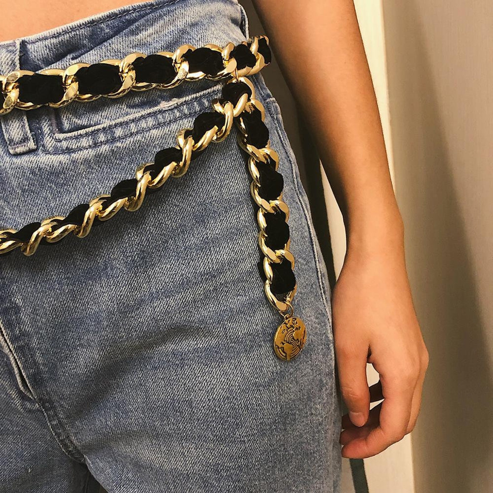 Chunky Gold Chain Belt W Black Velvet Fabric SM MED LG - Etsy