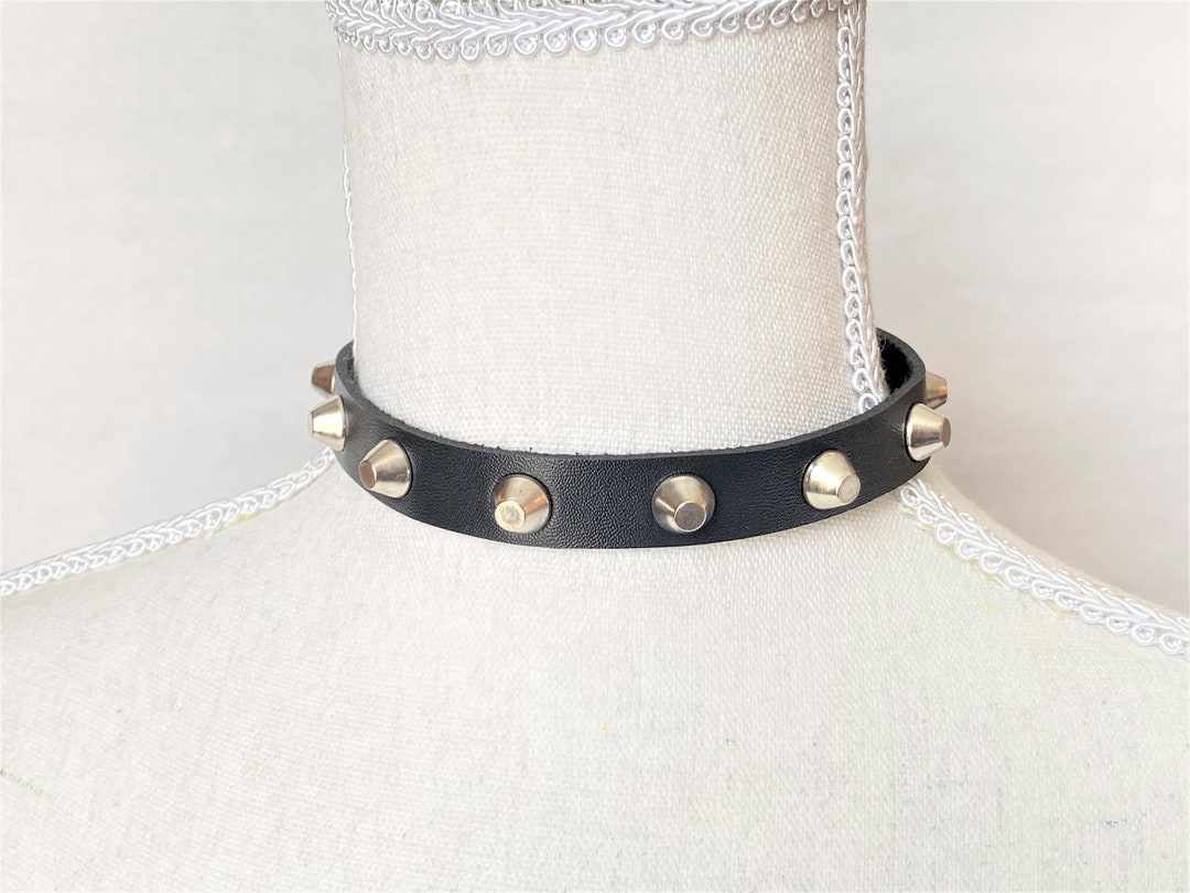 Studded Black Leather Collar Choker Stainless Steel Studs .5 IN Black ...