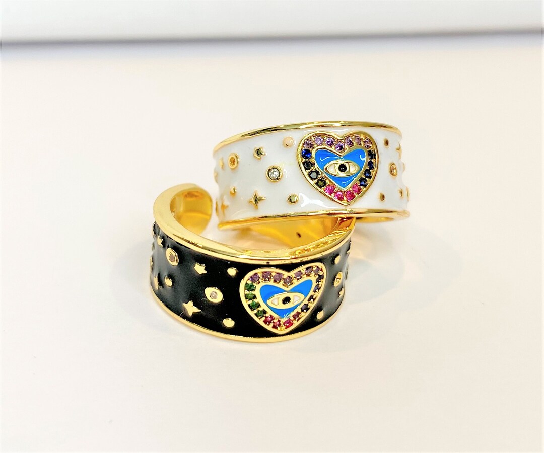 Gold Rocker Black Enamel Evil Eye Band Ring Edgy Silver - Etsy
