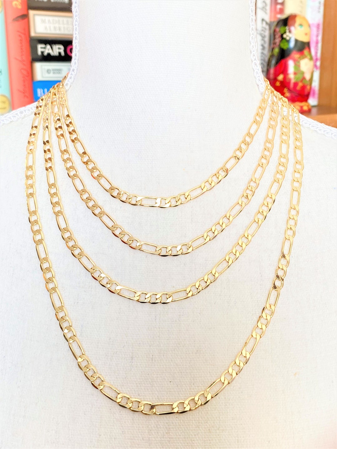 Wide Figaro Chain Necklace in 4 Lengths: 16, 18, 20, 24 Inch Gold ...