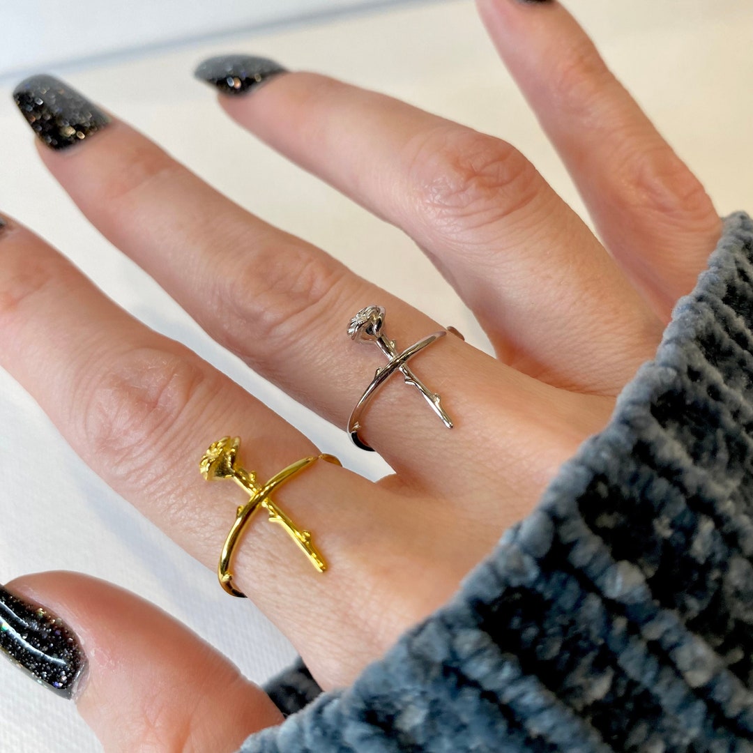 Dainty Rose Thorns Ring in Gold or Silver Simple Rose Cross Ring ...