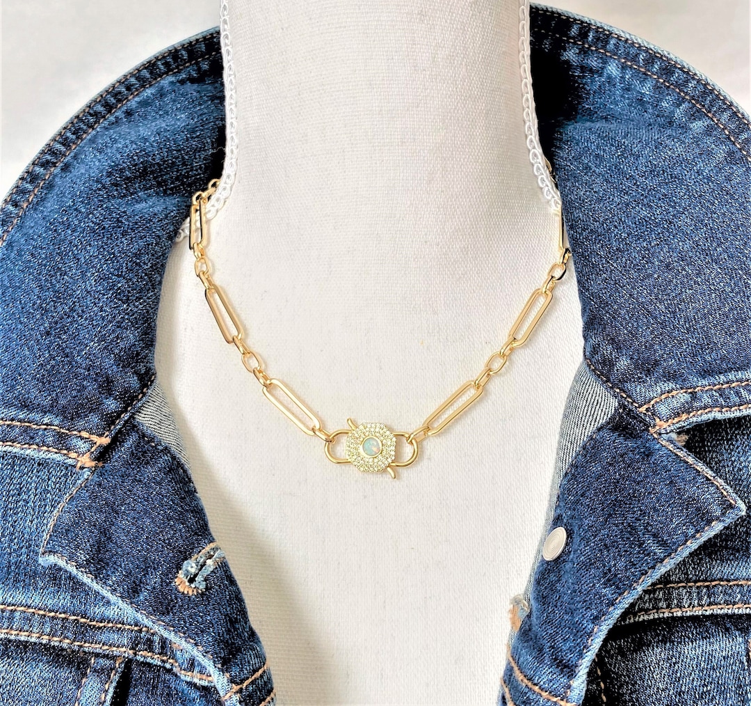 Luxury Gold Front Clasp Statement Chain Opal Double Padlock Gold Chain ...