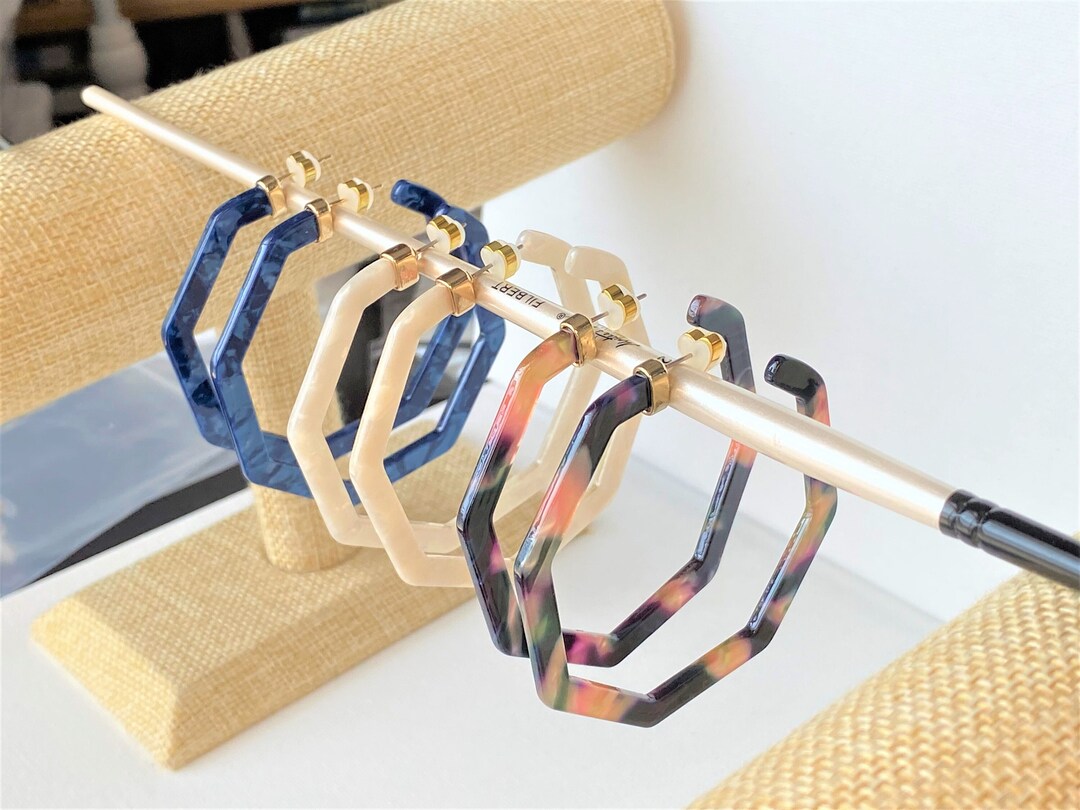 Big Geometric Acrylic Hoop Earrings Denim Blue Octagon Hoops Dark ...