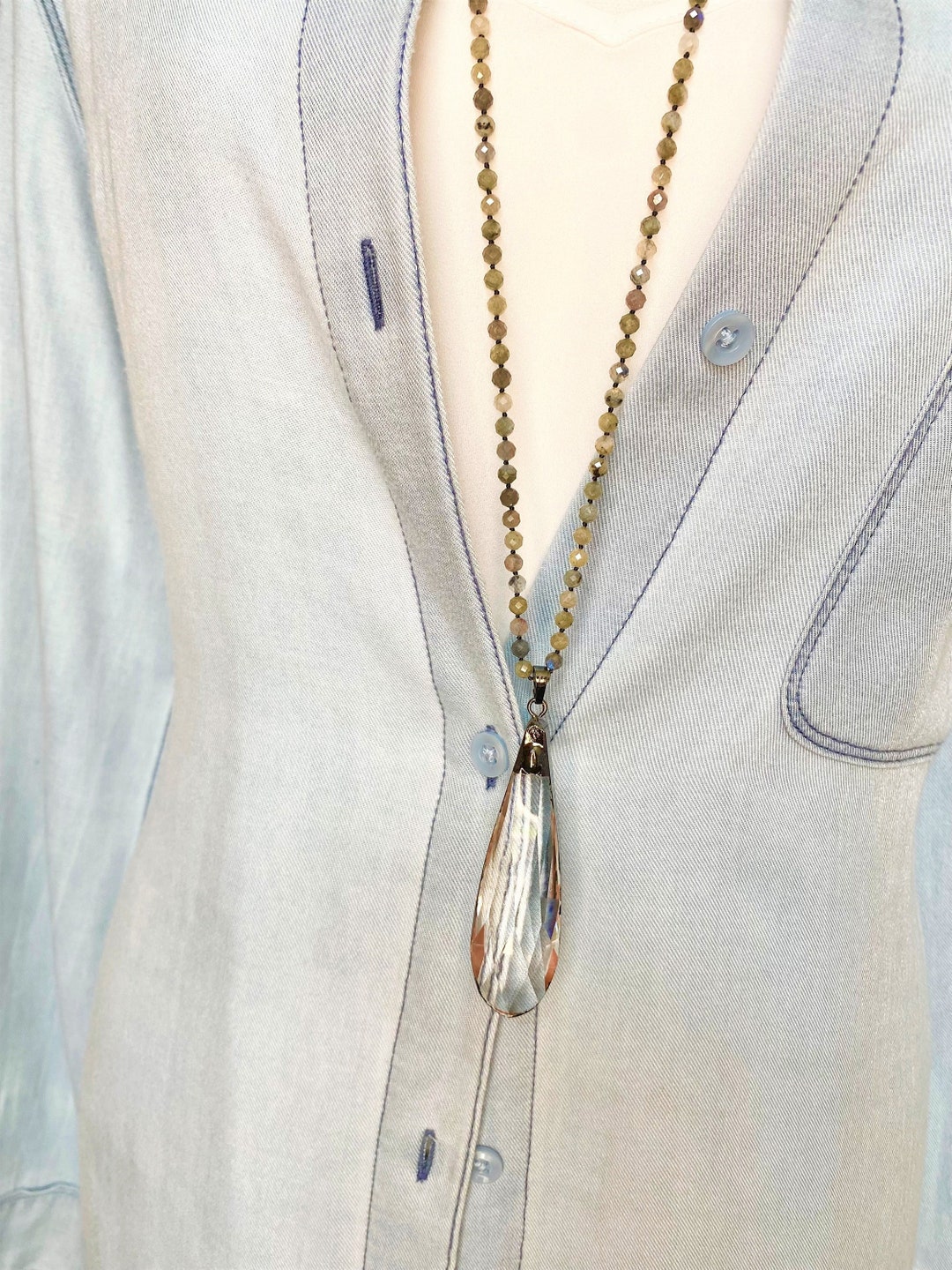 Large Clear Crystal Quartz Pendant Labradorite Beaded Necklace for ...