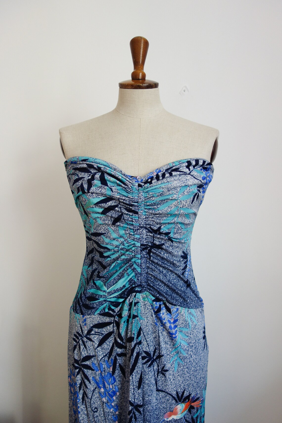 80s Dress, Tube Dress, Tight With Bustier Neckline and Bird Pattern in ...