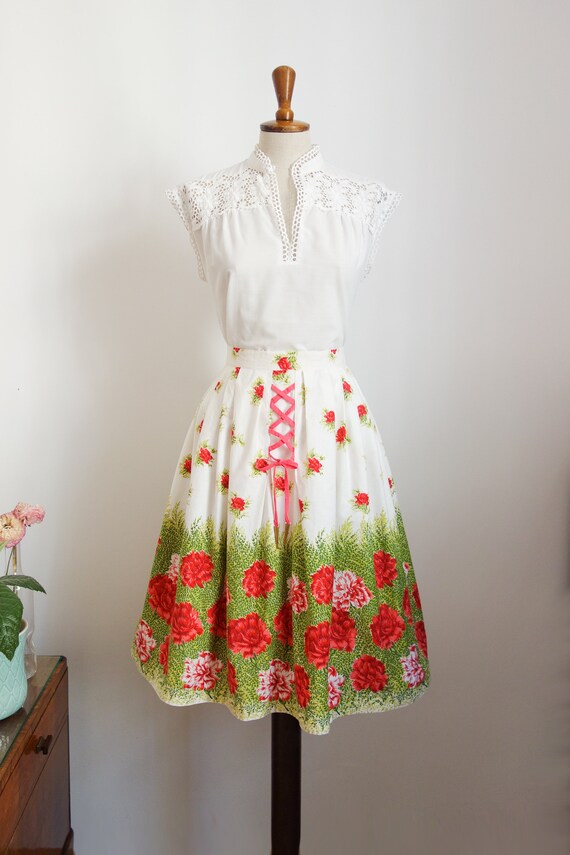 Skirt 80s white with floral pattern, 80ies does 50ies… - Gem