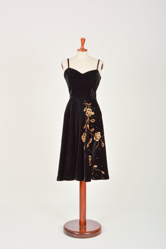 40er Jahre Kleid aus Samt mit goldenen Pailletten bestickt - Etsy