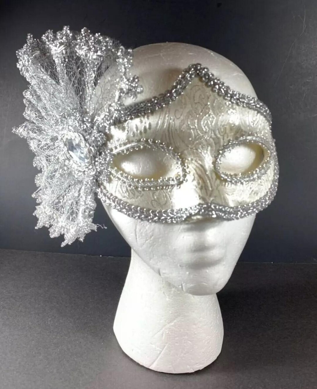 Vintage Beautiful Jeweled Silver Brocade Mask Elastic Strap Large Jewel ...