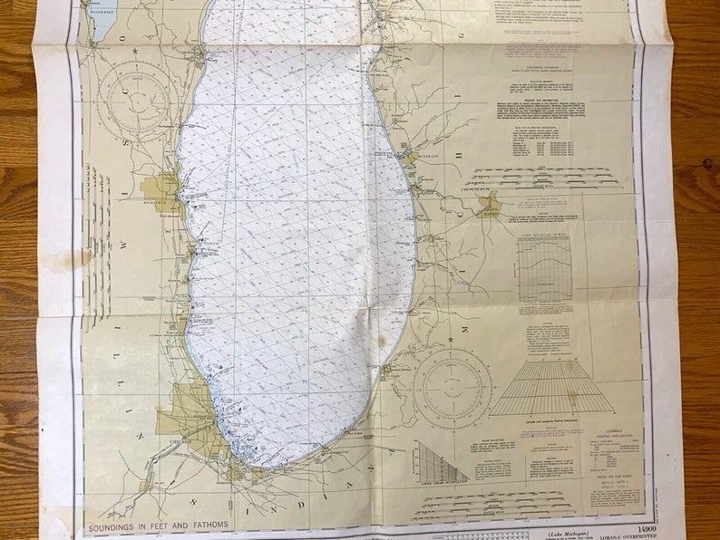 1980 Lake Michigan MAP NOAA 36 X 28 Soundings in Feet & Fathoms Large ...