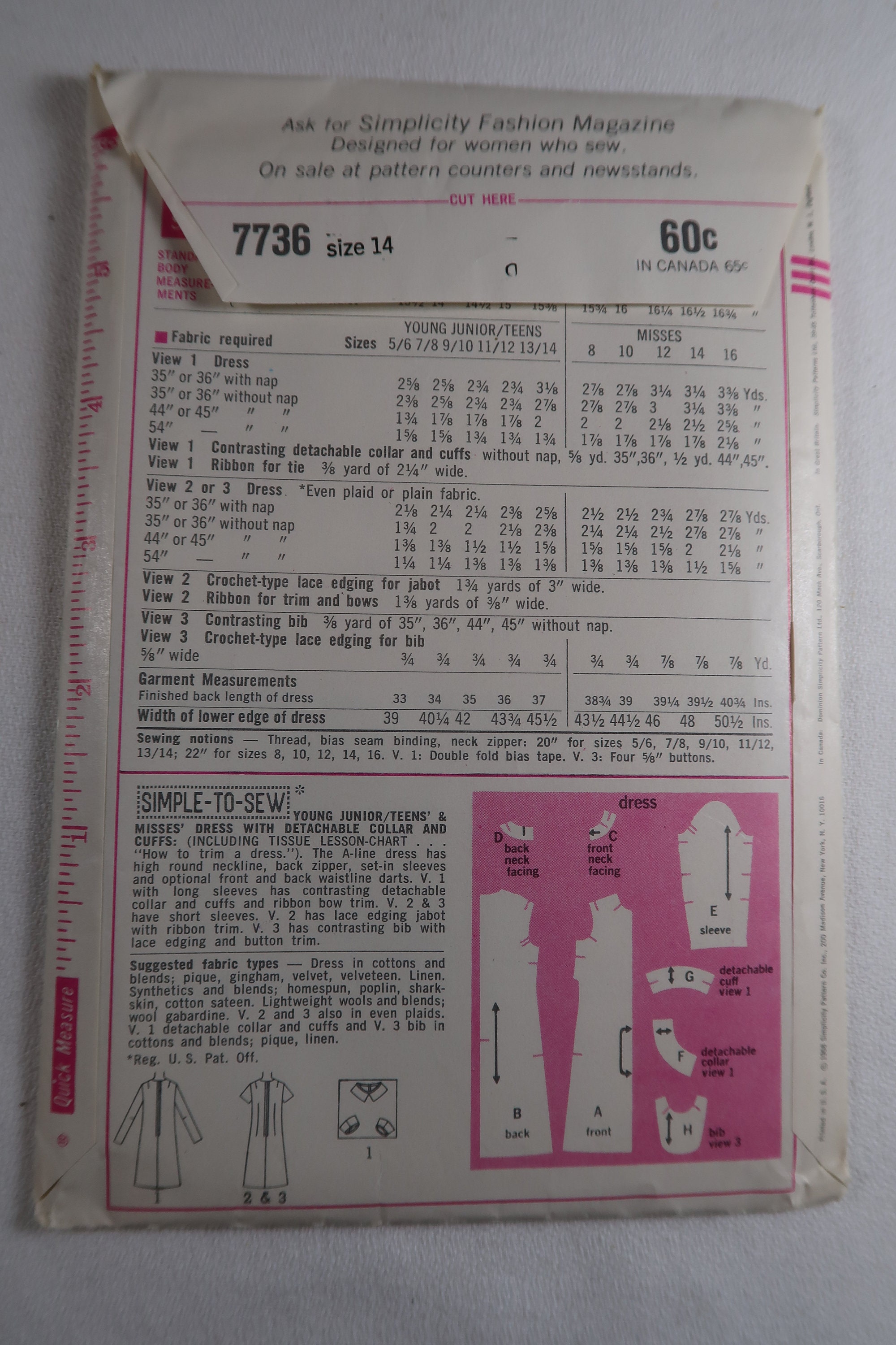 1968 Misses 14 UNCUT Simplicity A-line Dress Pattern 7736 - Etsy